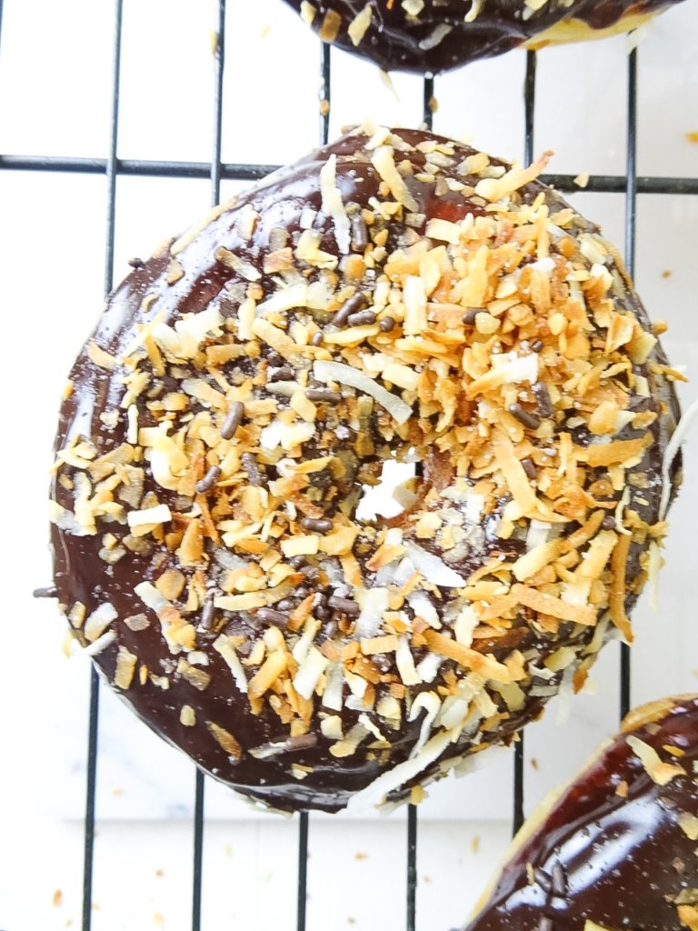 Dark Chocolate Glazed Donuts With Toasted Coconut - Kellie Rice Cakes